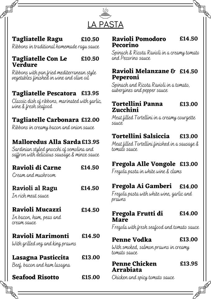 Menu at Pavarottis restaurant, Shanklin