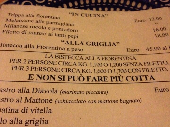Menu at Perseus steakhouse, Florence
