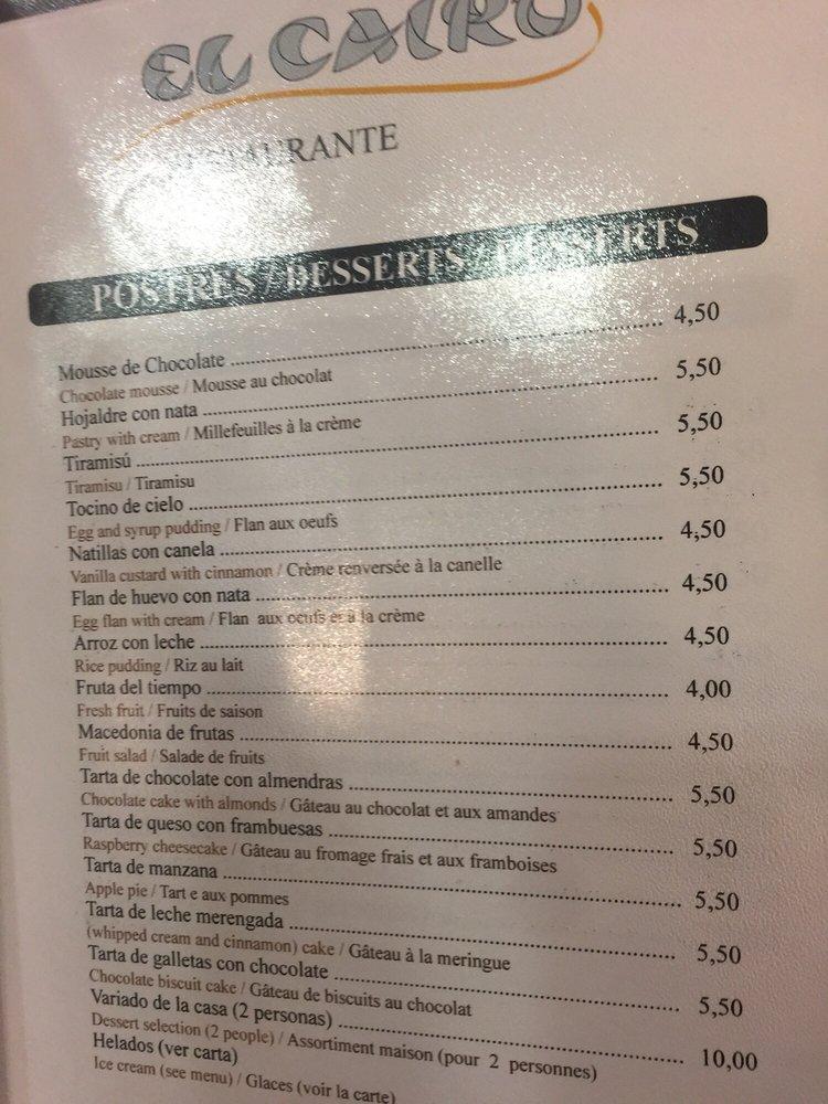 Carta de Restaurante El Cairo, Sevilla, C/ Reyes Católicos 13