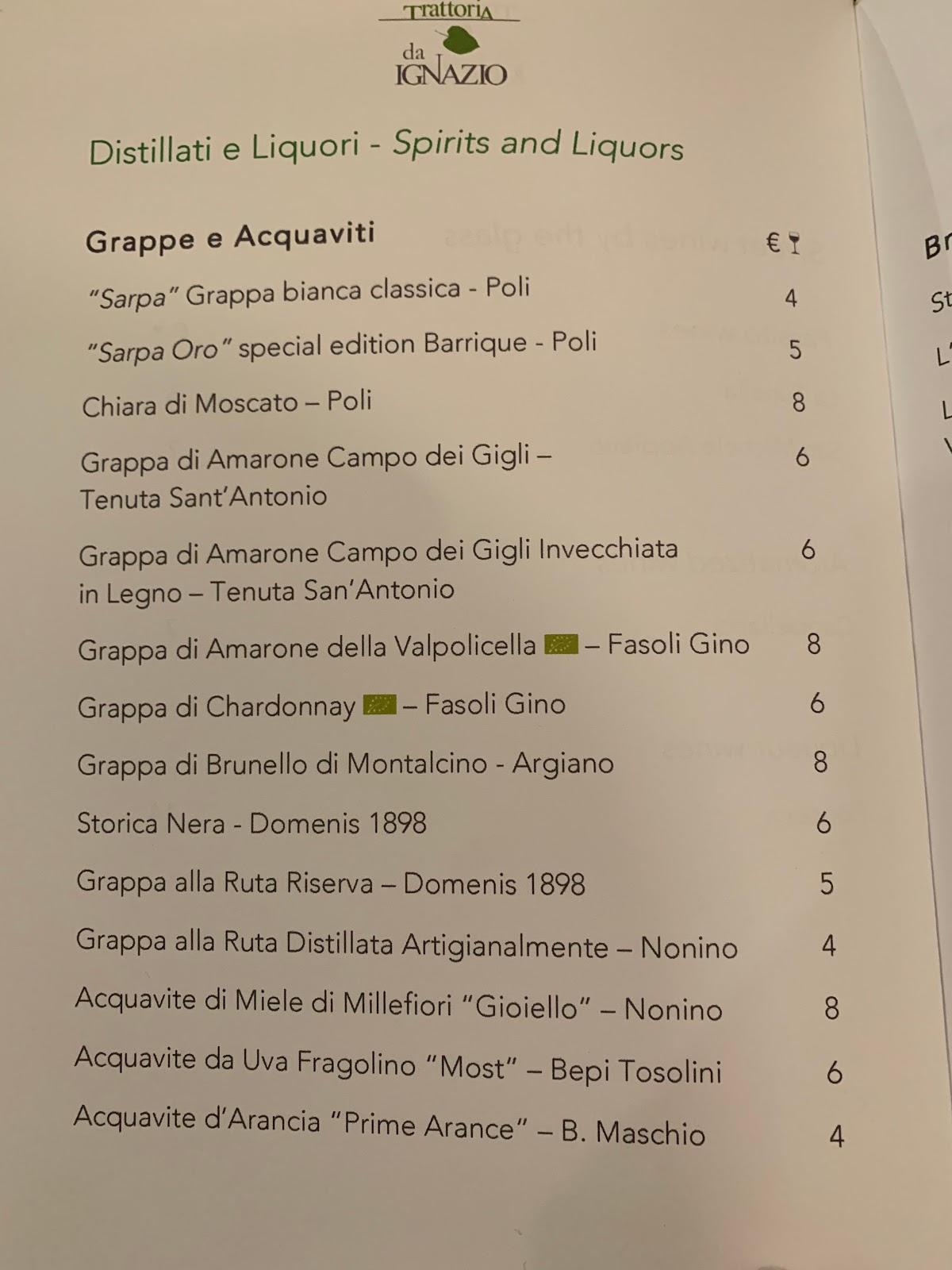 Menu at Trattoria Da Ignazio restaurant, Venice