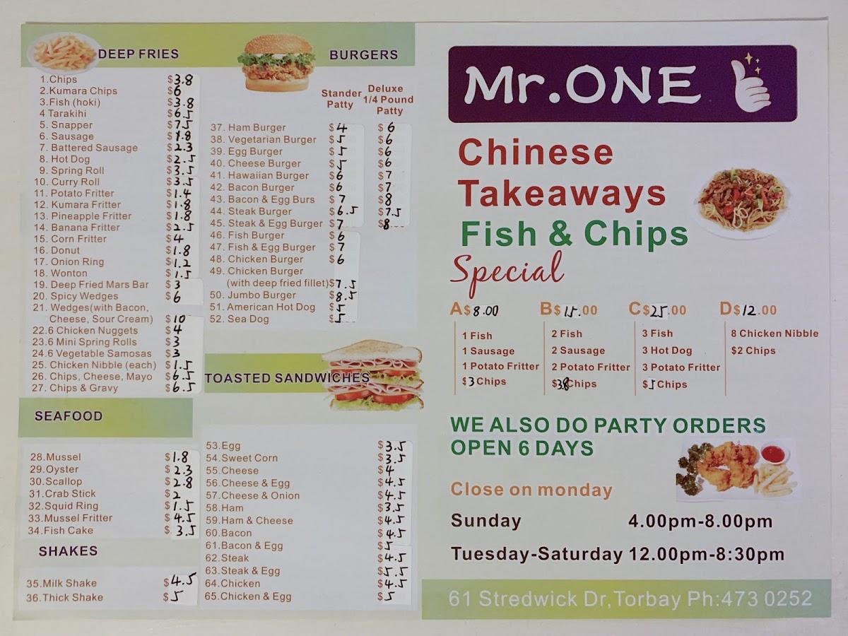 Menu at Mr One fast food, Auckland