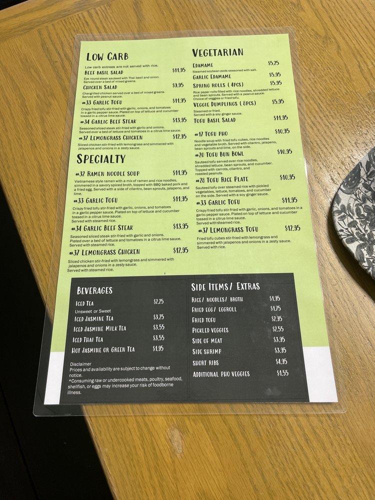 Menu at Pho Life restaurant, Corpus Christi