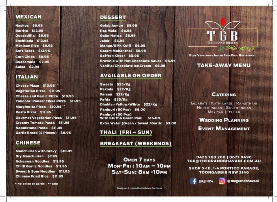 Menu at TGB restaurant, Toongabbie