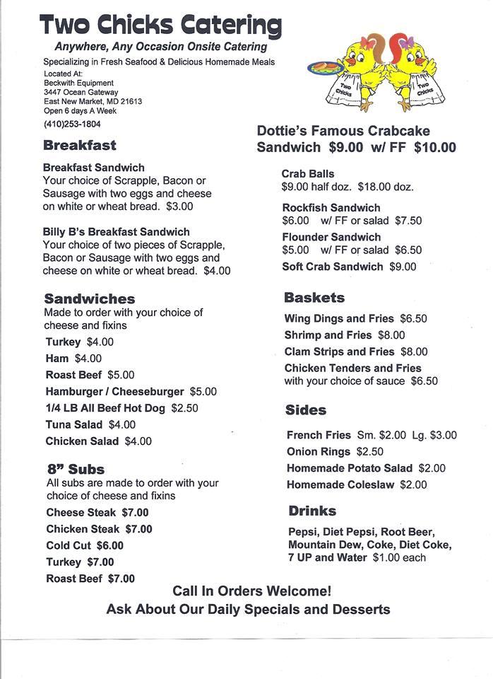 Menu at Two Chicks Catering, Cambridge