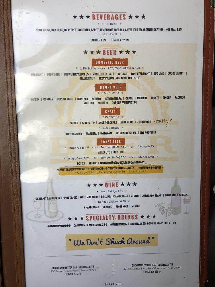 Menu at Deckhand Oyster Bar - North, Round Rock