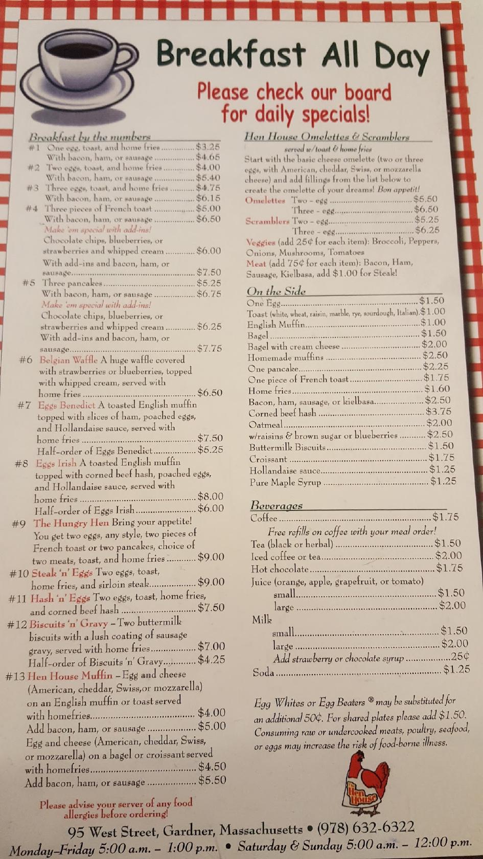 Menu at The Hen House restaurant, Gardner