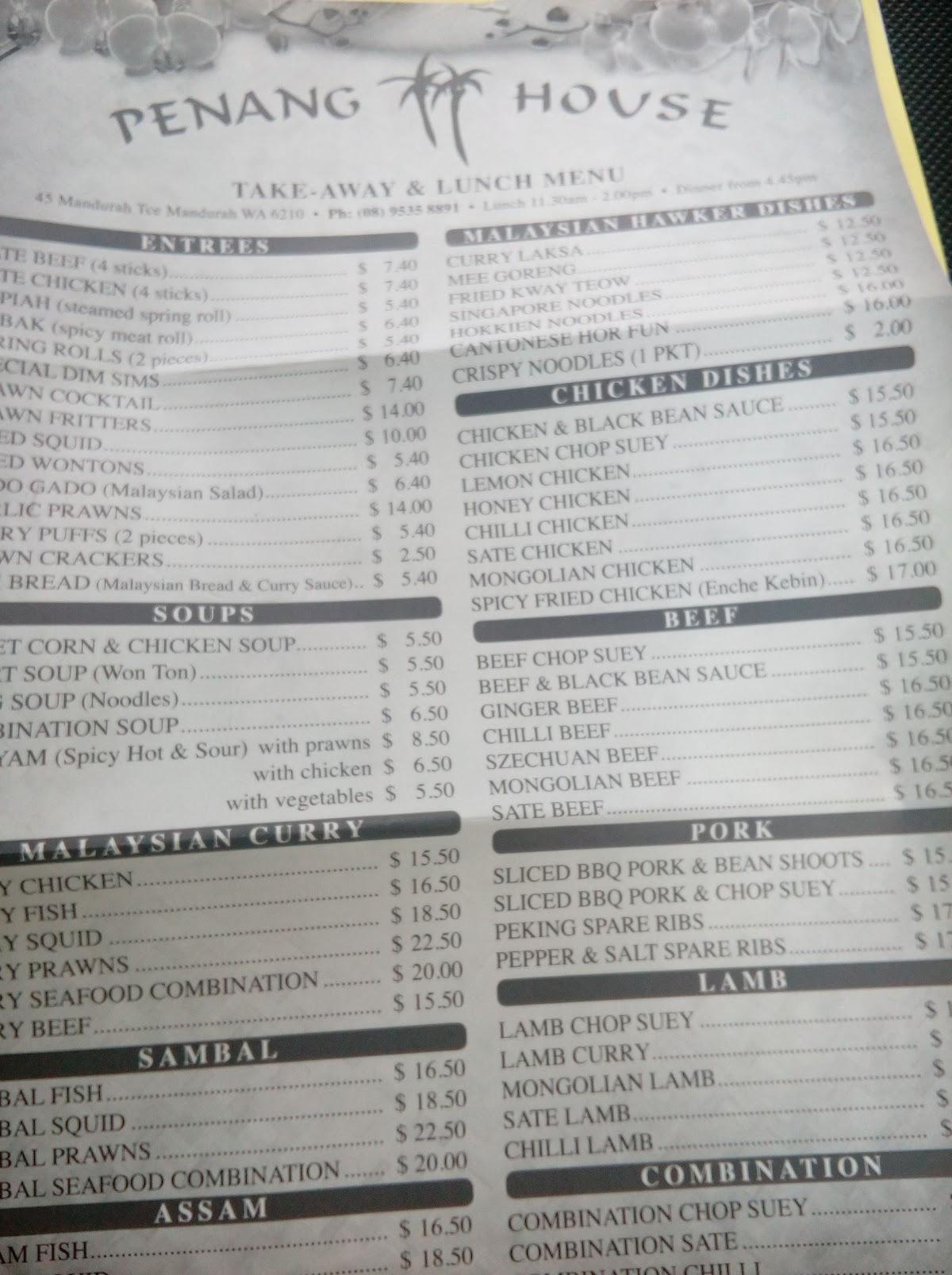 Menu at Penang House restaurant, Mandurah