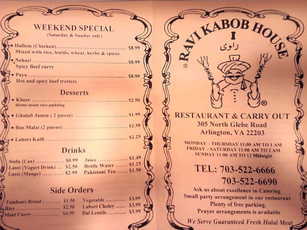 Menu at Ravi Kabob House restaurant, Arlington, 305 N Glebe Rd