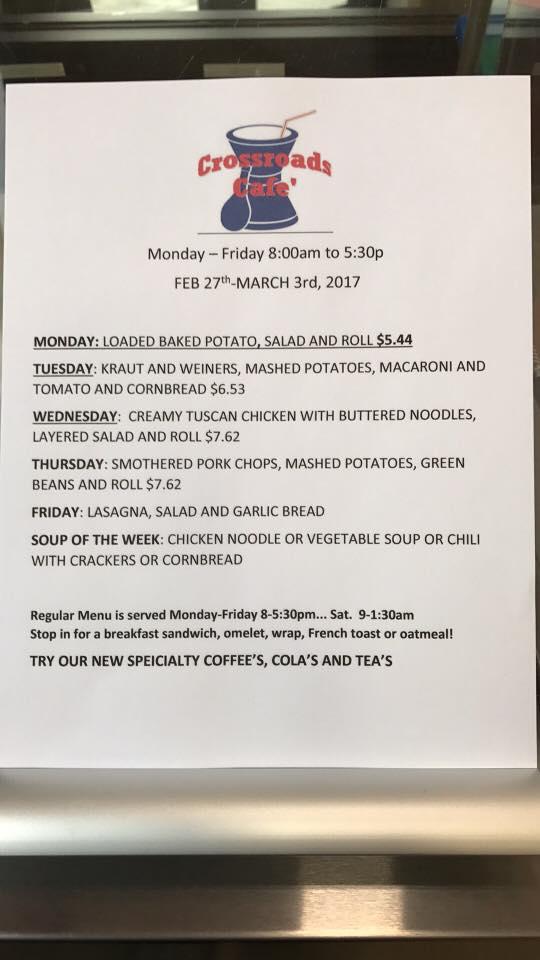 Menu at Crossroads Cafe, Greenville