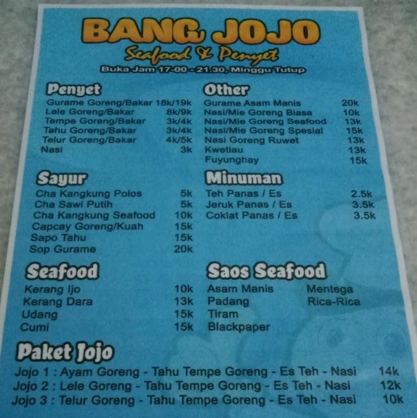 Menu at Penyet&Seafood Bang JOJO restaurant, Semarang