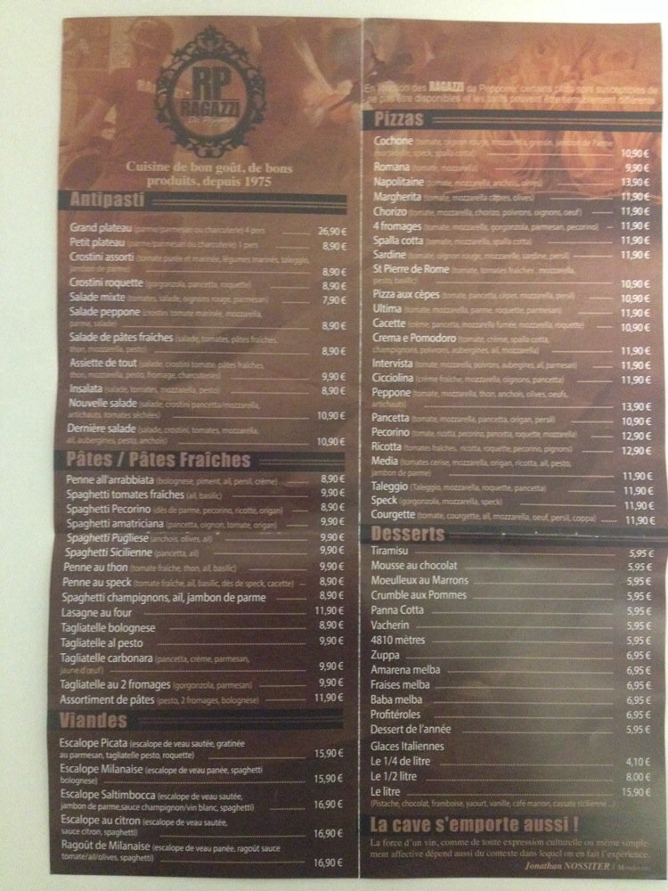 Menu au Ragazzi da peppone pizzeria, Pessac, 8 Pl. de la Liberté Samuel ...