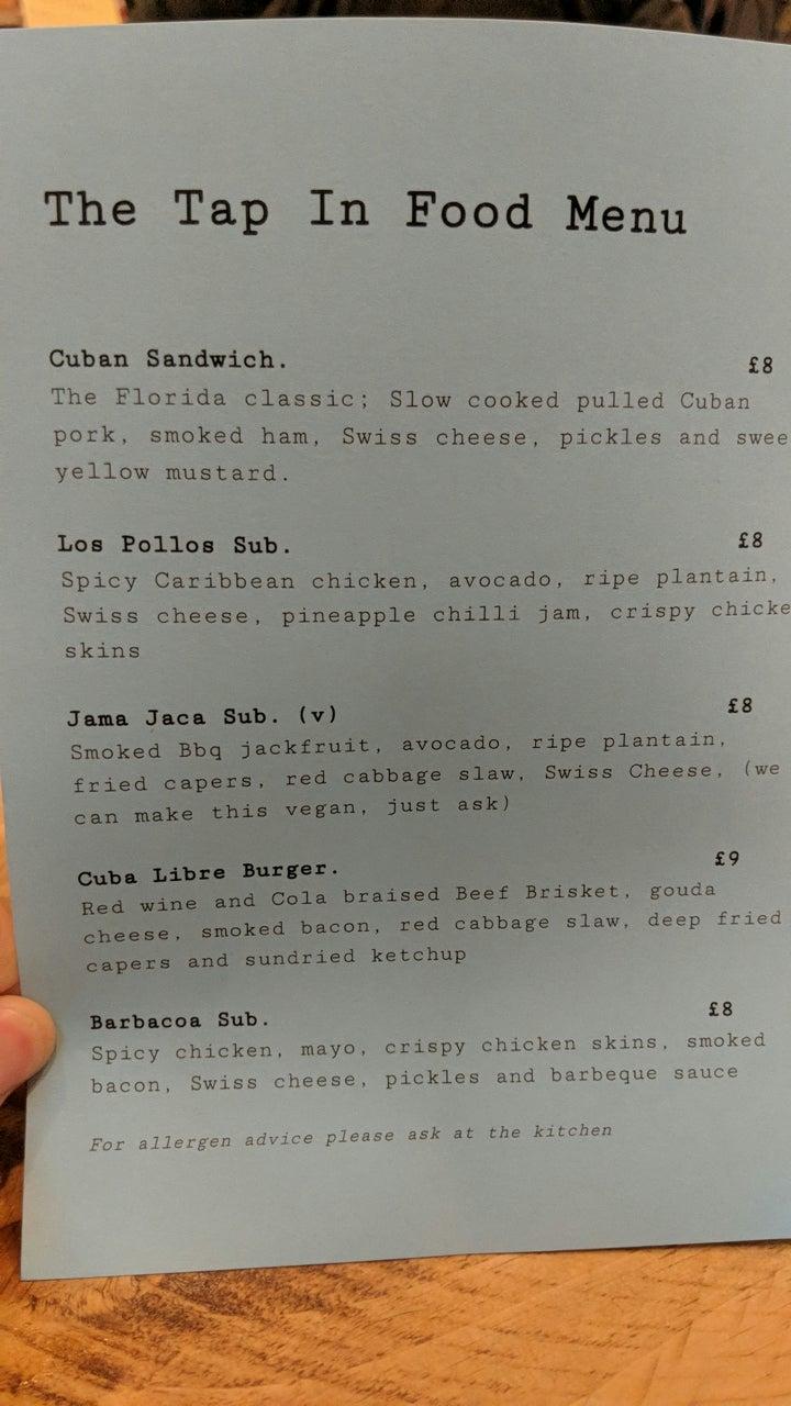 Menu at The Tap In pub & bar, London, 2 Sayer St
