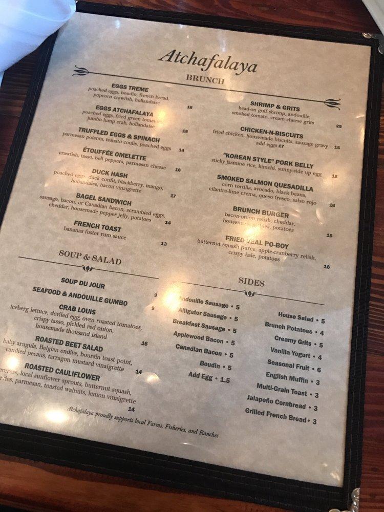 Menu at Atchafalaya restaurant, New Orleans, 901 Louisiana Ave