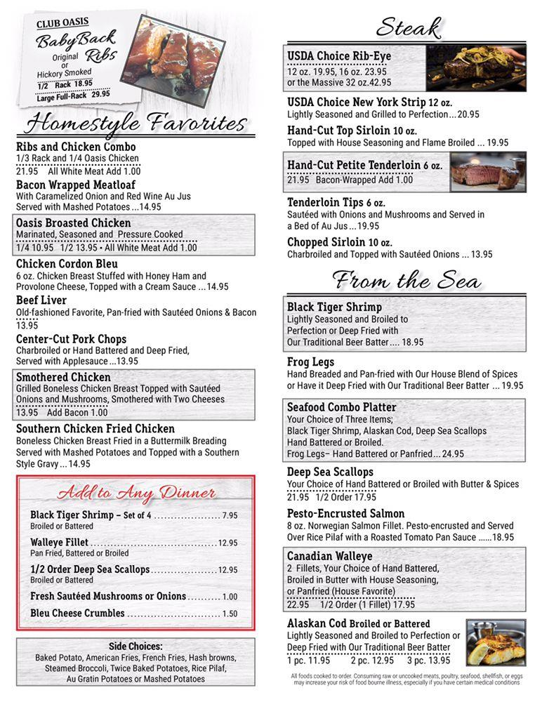 Menu at Club Oasis, Sparta