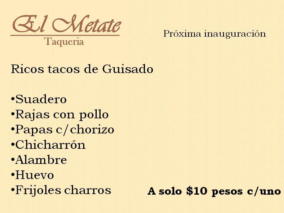 Carta del restaurante El Metate Tacos De Guisado, Pachuca del Soto