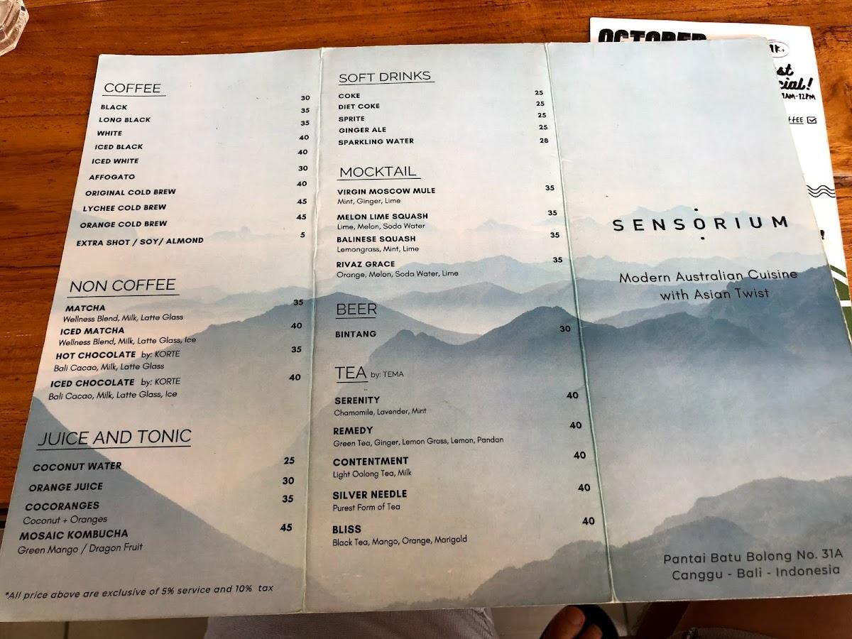 Menu at Sensorium Bali cafe, Canggu