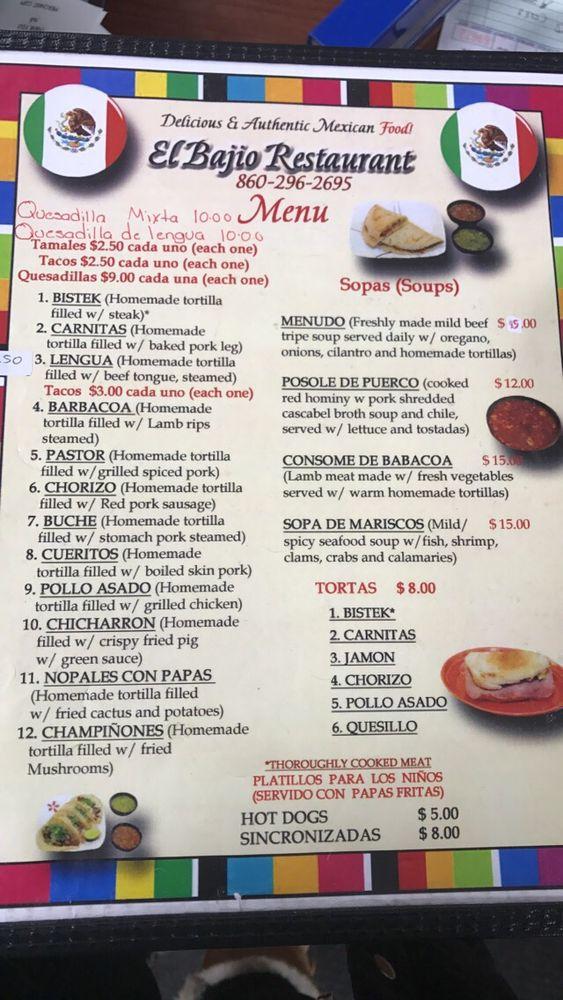 Carta del restaurante El Bajio, Hartford