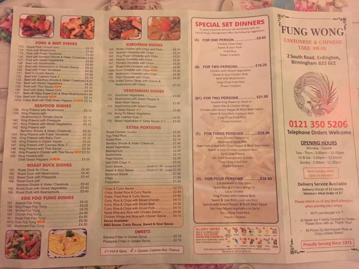 Menu at Fung Wong fast food, Birmingham