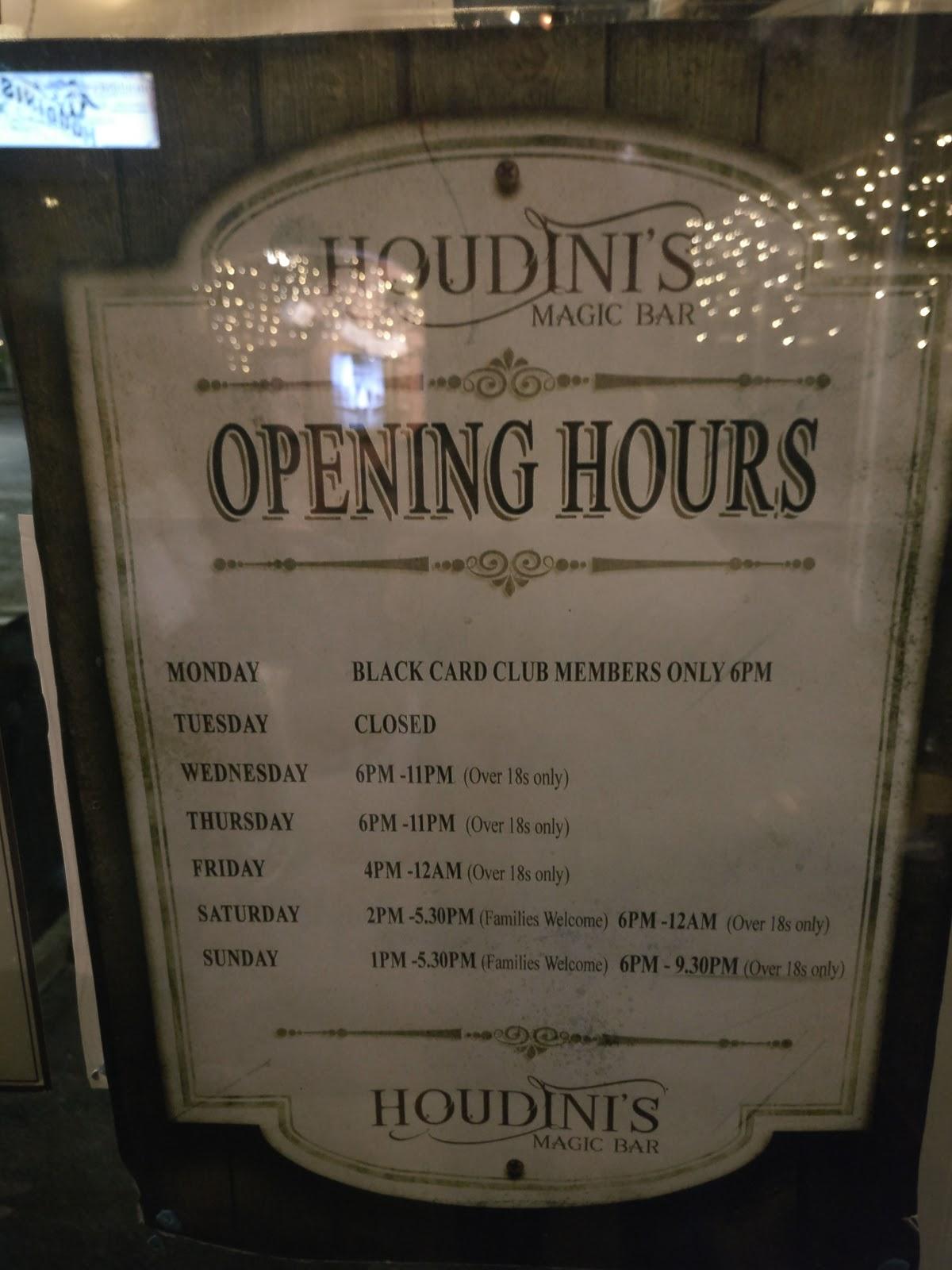 Menu at Houdini's Magic Bar, Broadstairs