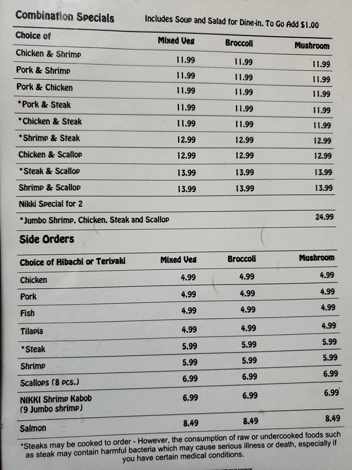 Menu at Nikki Japanese Restaurant, Township of Taylorsville