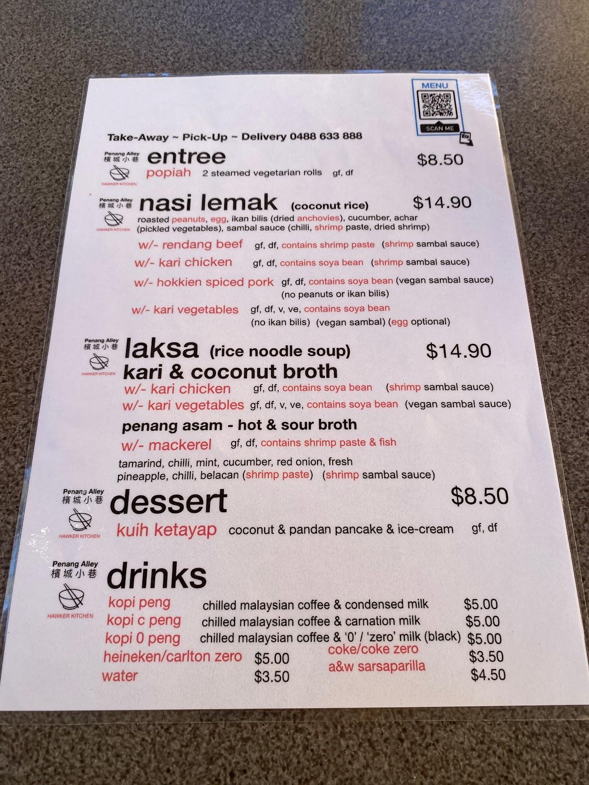 Menu at Penang Alley restaurant, Warrnambool