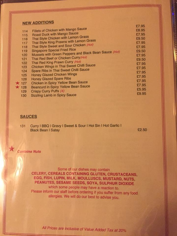 Menu at The Water Margin restaurant, Witney