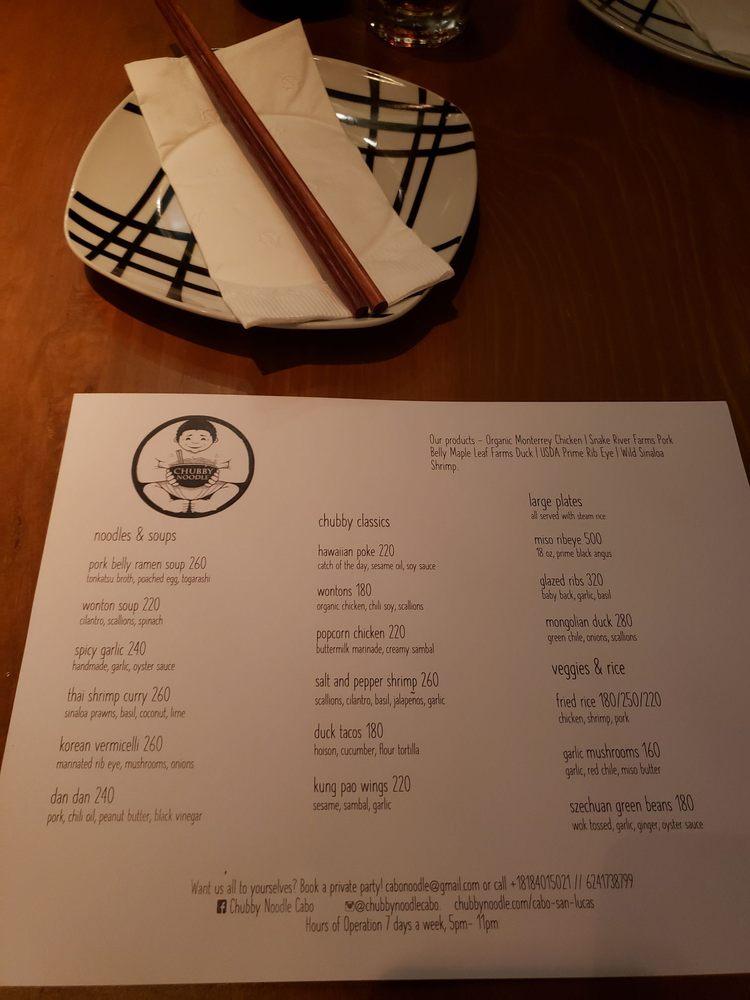 Menu at Chubby Noodle Cabo restaurant, Cabo San Lucas