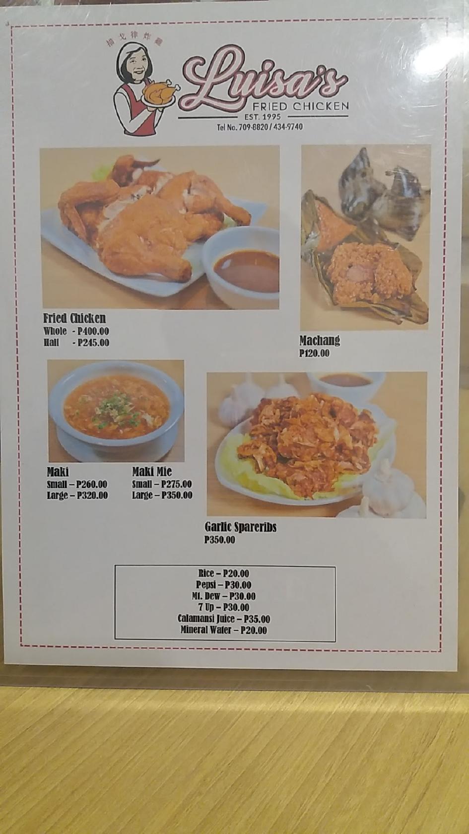Menu at Luisa’s Fried Chicken restaurant, Bacolod