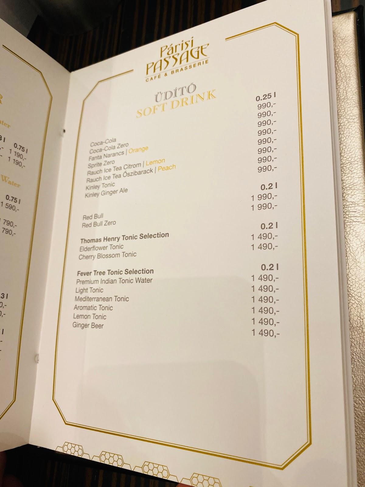 Menu at Párisi Passage Restaurant, Budapest