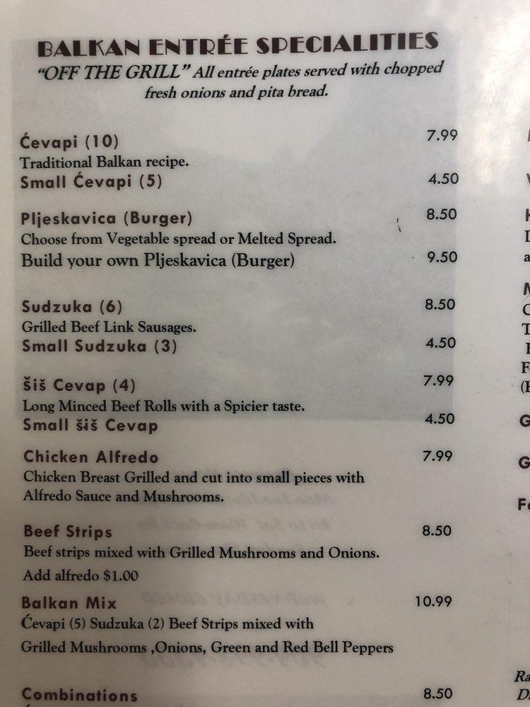 Menu at Balkan Cafe, Jacksonville