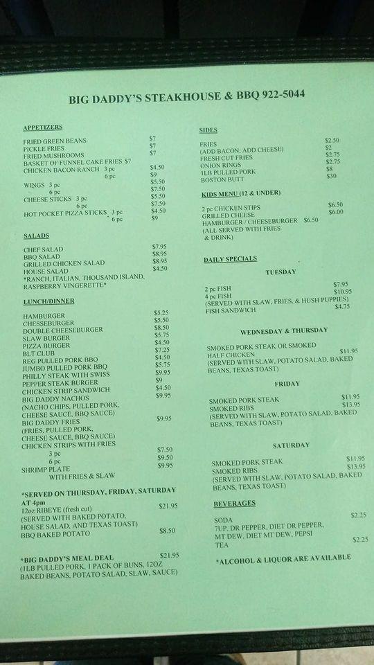 Menu at Big Daddys Bbq, Caruthersville