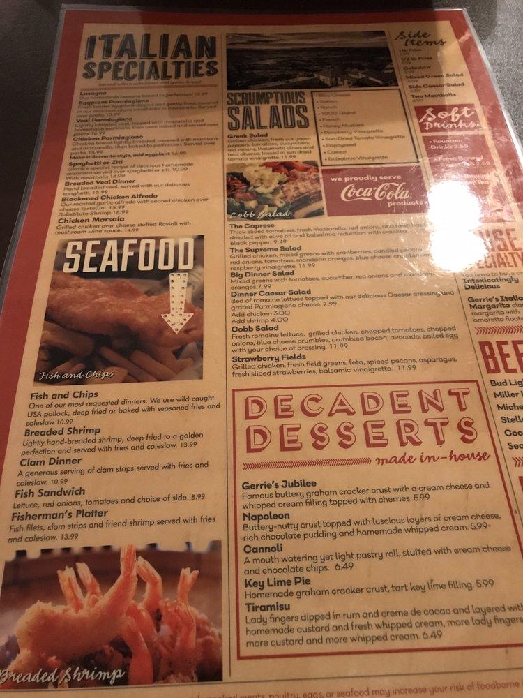 Menu at Gerrie's restaurant, Clinton
