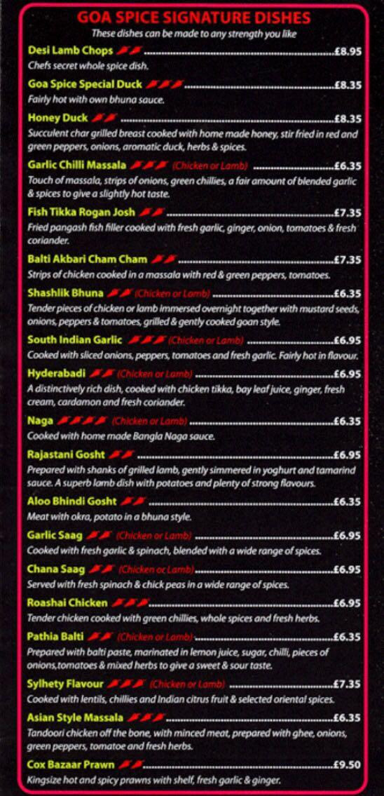 Menu at Goa - Bengal Spice restaurant, Milnthorpe
