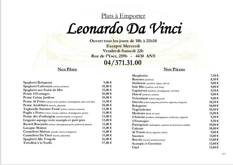 Menu au Leonardo da Vinci, Ans