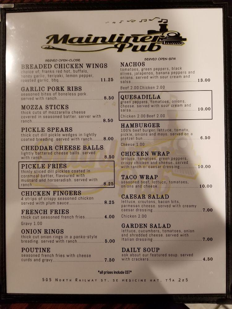 Menu at Mainliner Pub, Medicine Hat