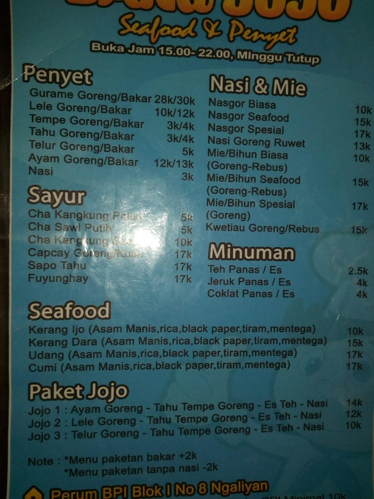 Carta del restaurante Penyet&Seafood Bang JOJO, Semarang