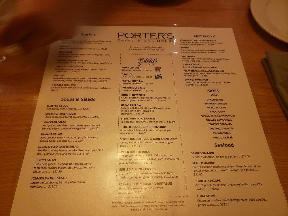 Menu at Porter's Prime Steakhouse, Ontario