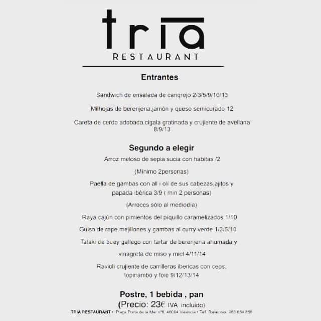 Menu at Tria Restaurant, Valencia