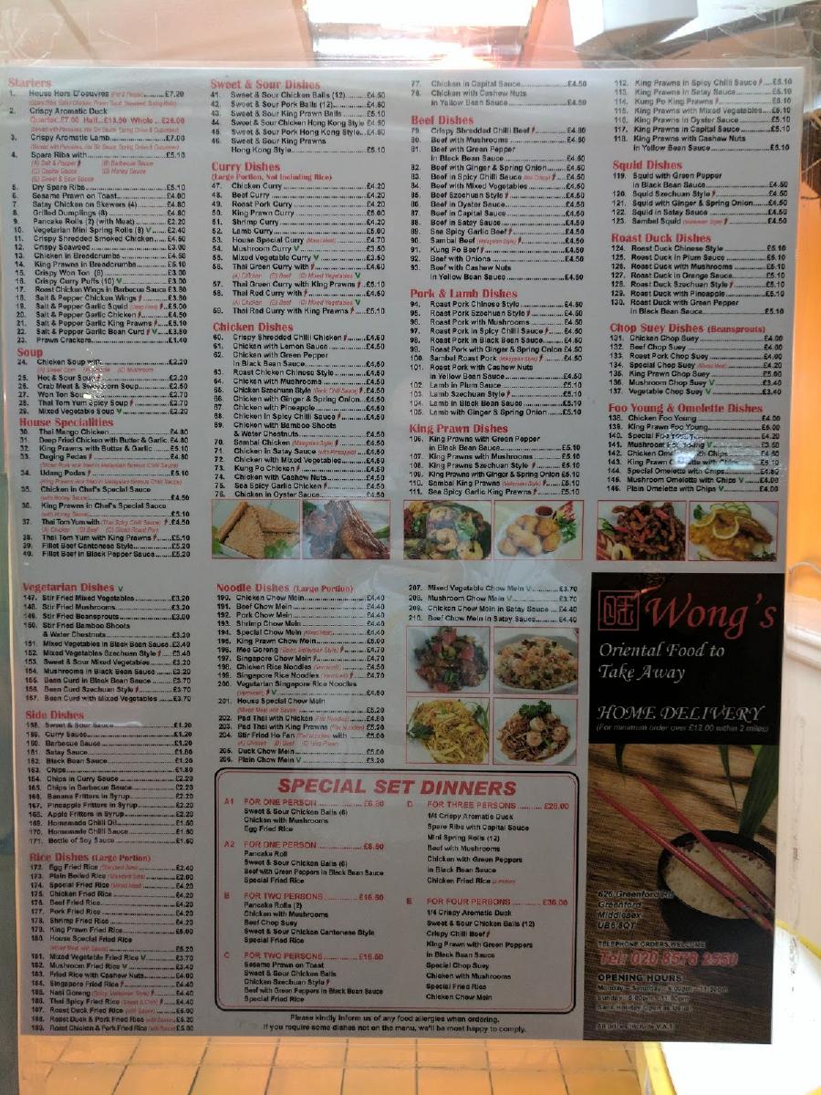 Menu at Wong's Chinese restaurant, Greenford, 626 Greenford Rd