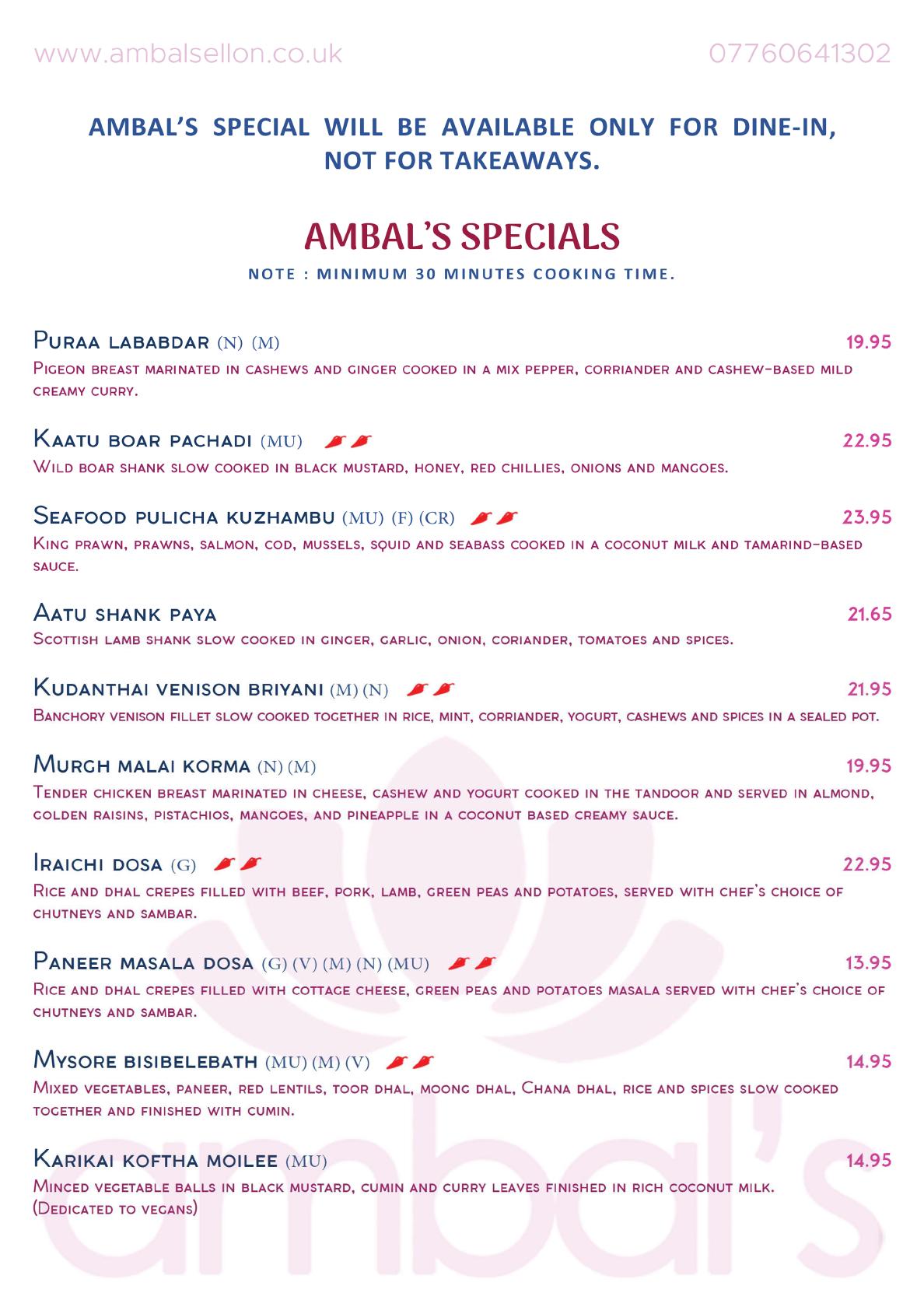 Menu at Ambal's Indian Restaurant Ellon, Ellon