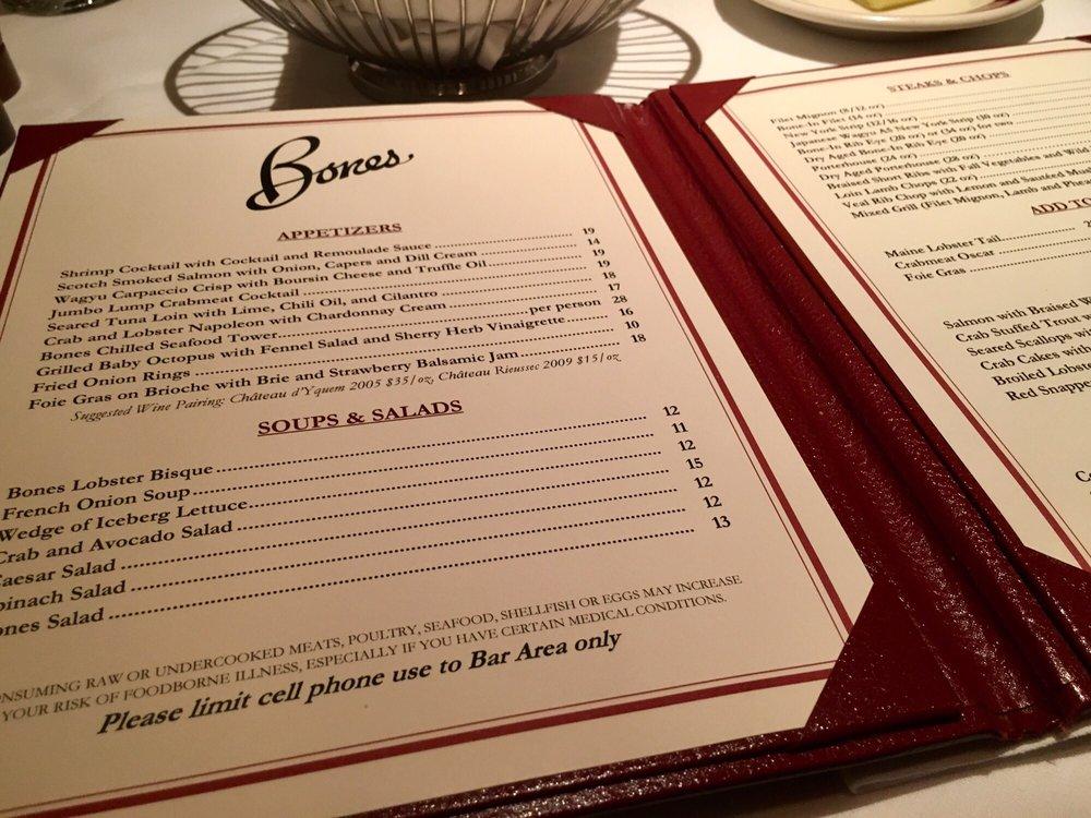 Menu at Bones Restaurant, Atlanta