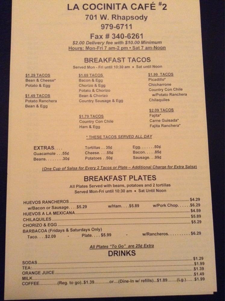 Menu at La Cocinita restaurant, San Antonio, 701 Rhapsody Dr