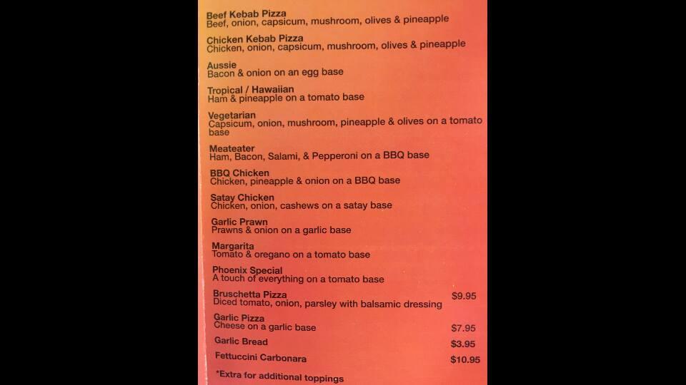 Menu at Phoenix Cafe, Tumut