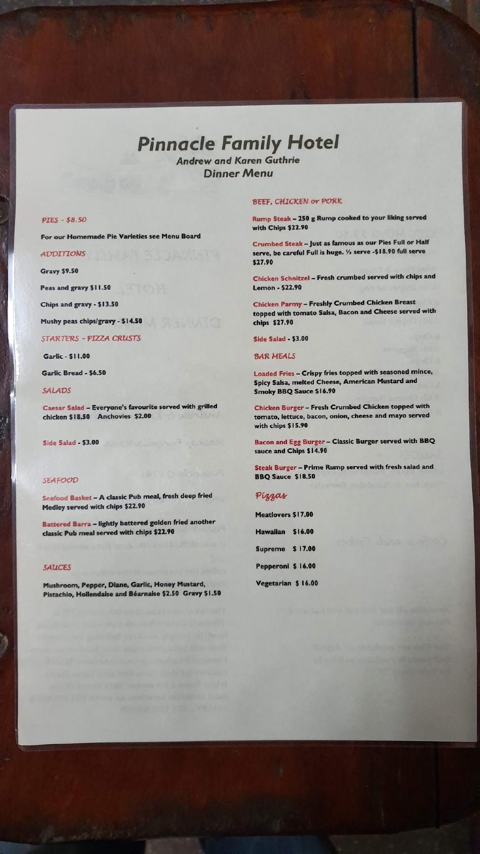 Menu at Pinnacle Family Hotel pub & bar, Pinnacle