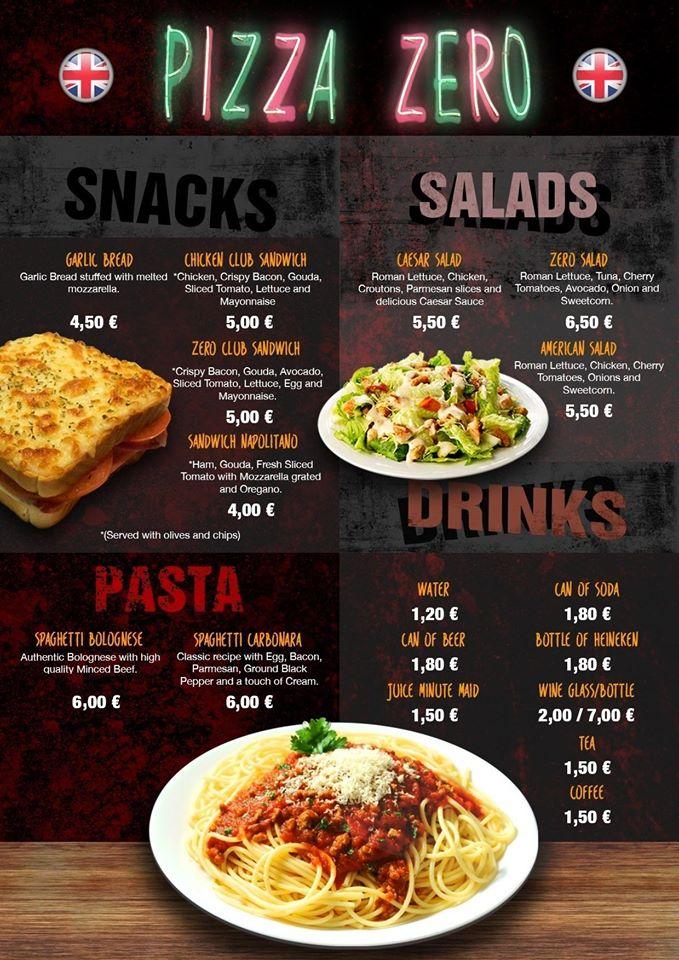 Menu at Pizza Zero pizzeria, Torremolinos