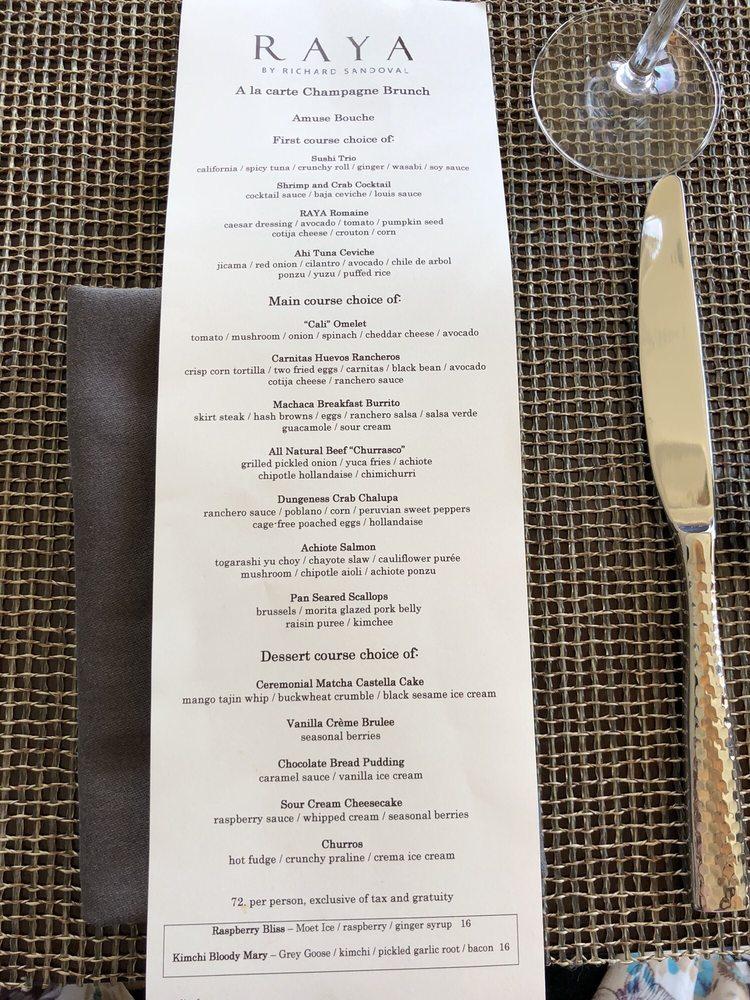 Menu at RAYA restaurant, Dana Point