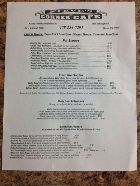 Menu at Steve's Steak & Seafood steakhouse, Macon