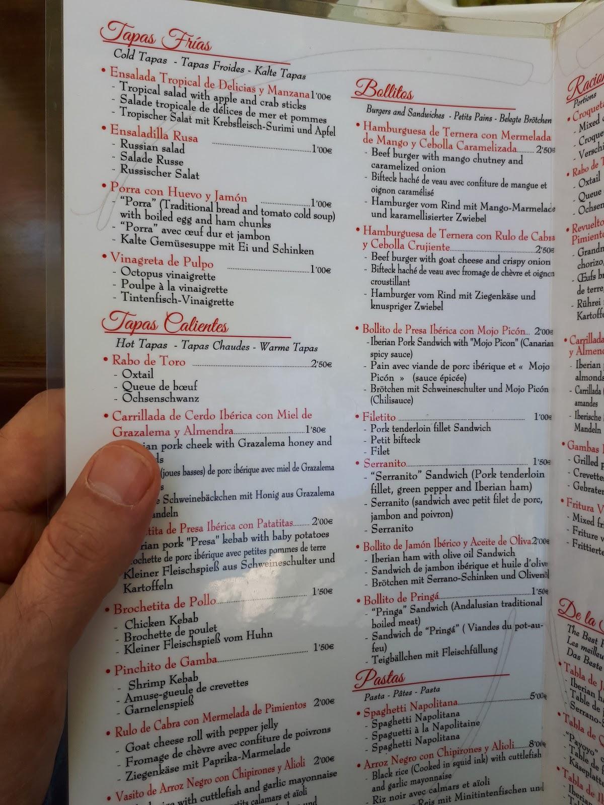Menu at Restaurante A tu Vera, Ronda