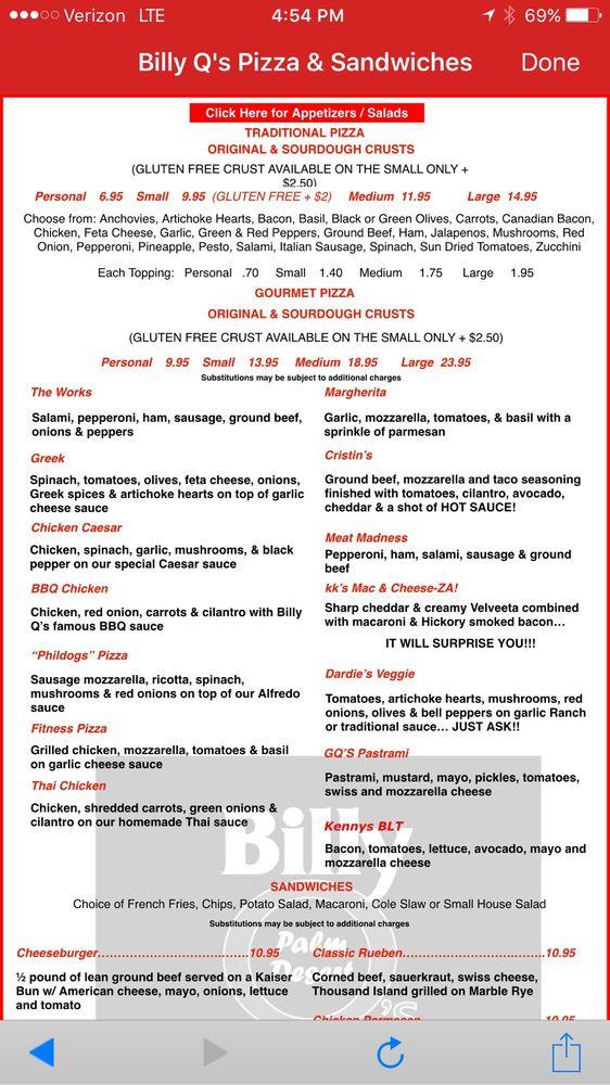 Menu at Billy Q's pizzeria, Palm Desert