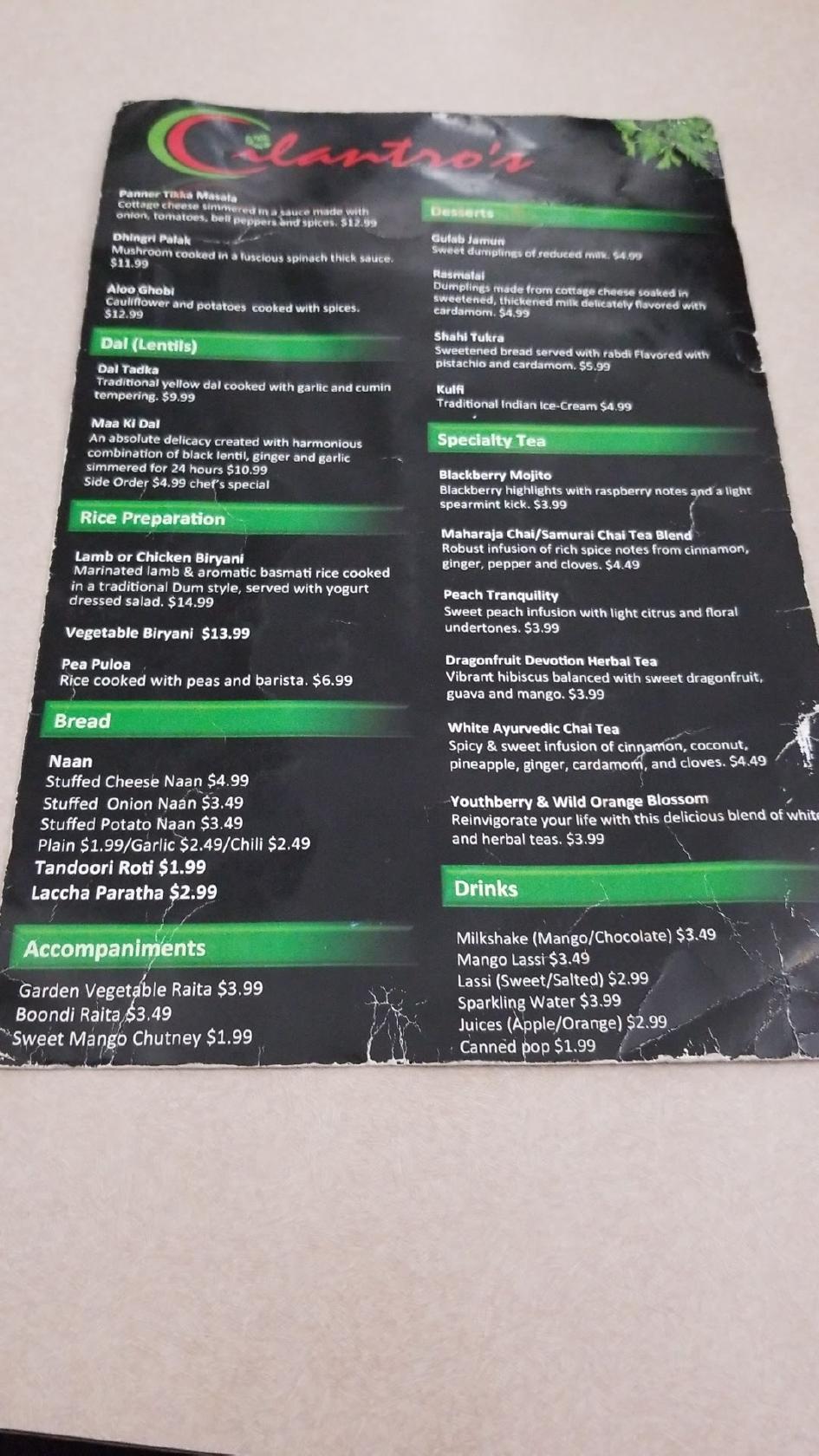 Menu at Cilantro's Restaurant - Gateway Rd, Winnipeg
